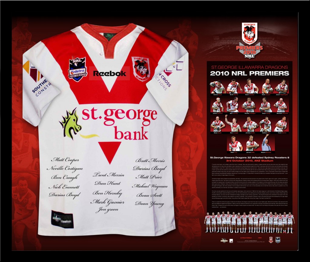 St George Illawarra Dragons 2010 NRL Premiership signed & framed jersey ...